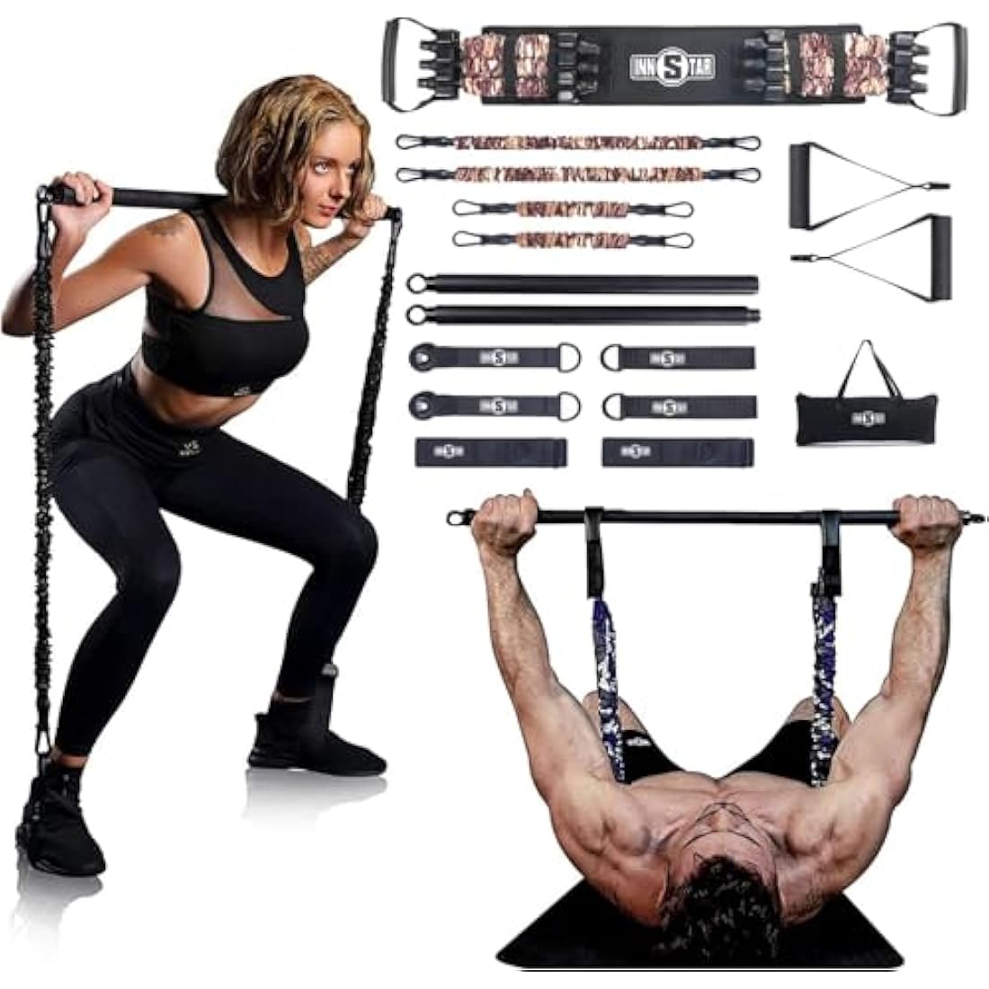 INNSTAR Portable Home Gym Set with Workout Bar, Bench Press Set, Squat ...